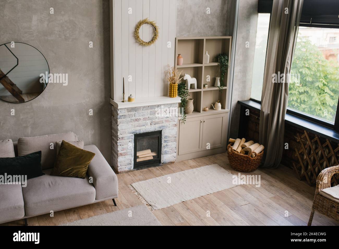 Scandinavian living room in gray tones. Interior of a country house ...
