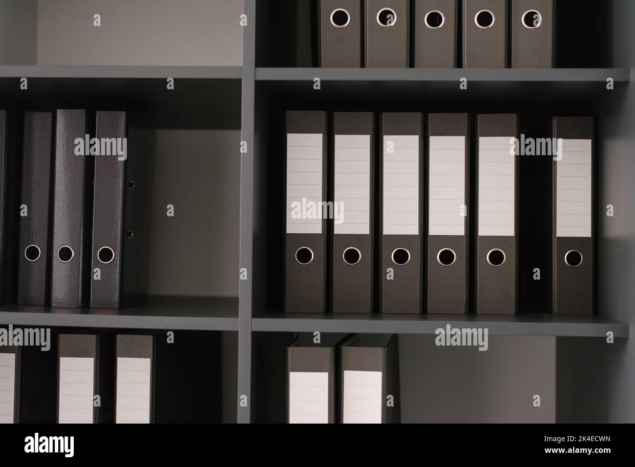 Office stationery. Folders for documents or archive on shelves in the ...