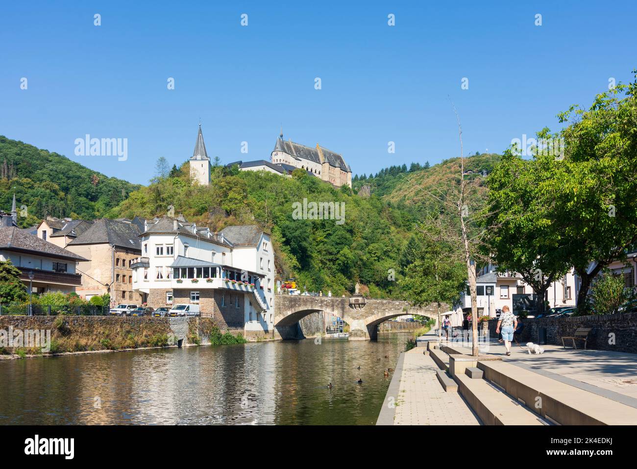 Vianden (Veianen): river Our, Vianden Castle, old town in , Luxembourg ...