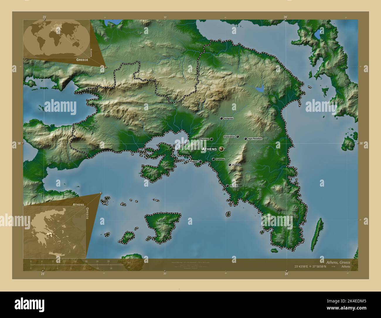Athens, decentralized administration of Greece. Colored elevation map ...