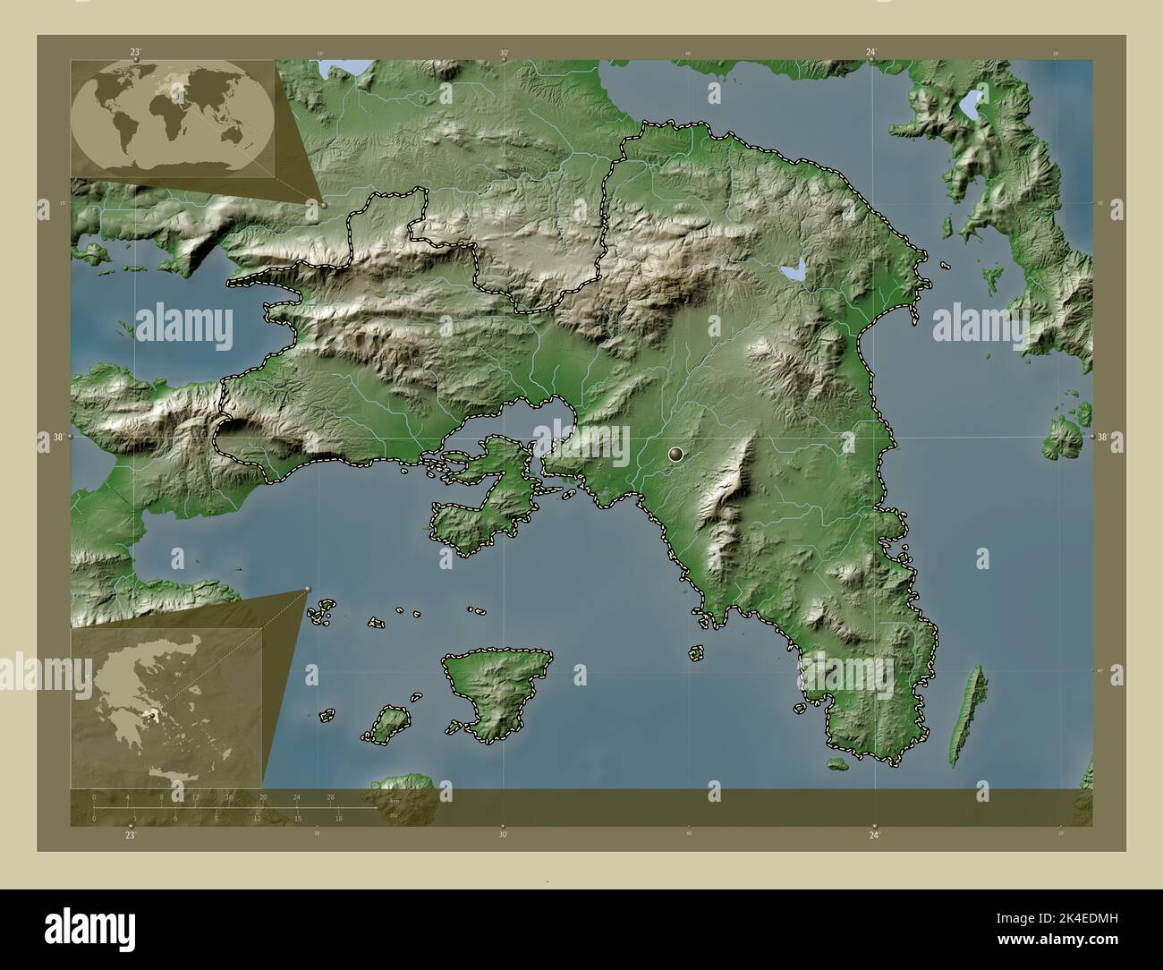 Athens, decentralized administration of Greece. Elevation map colored in wiki style with lakes ...
