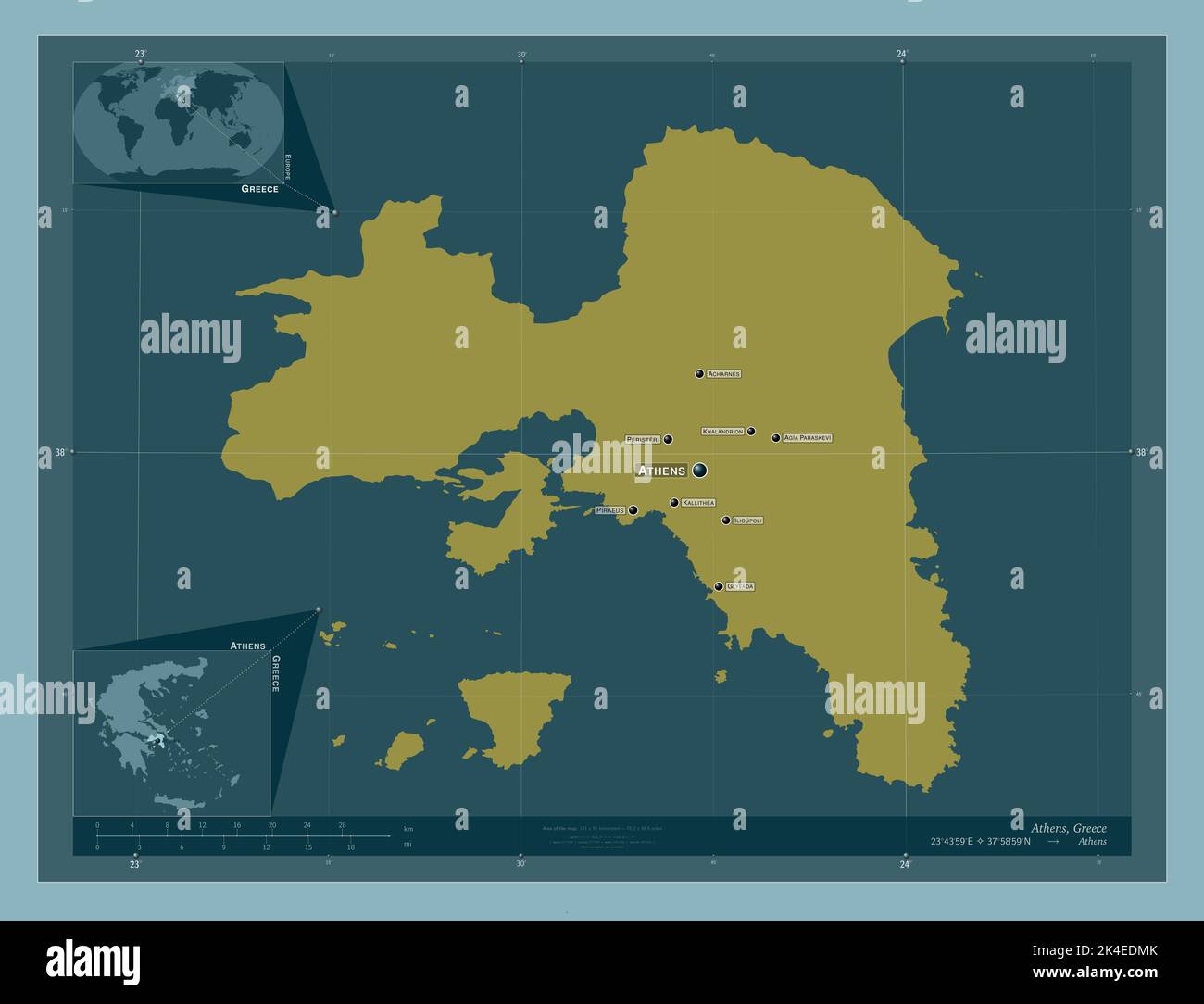 Athens, decentralized administration of Greece. Solid color shape. Locations and names of major ...