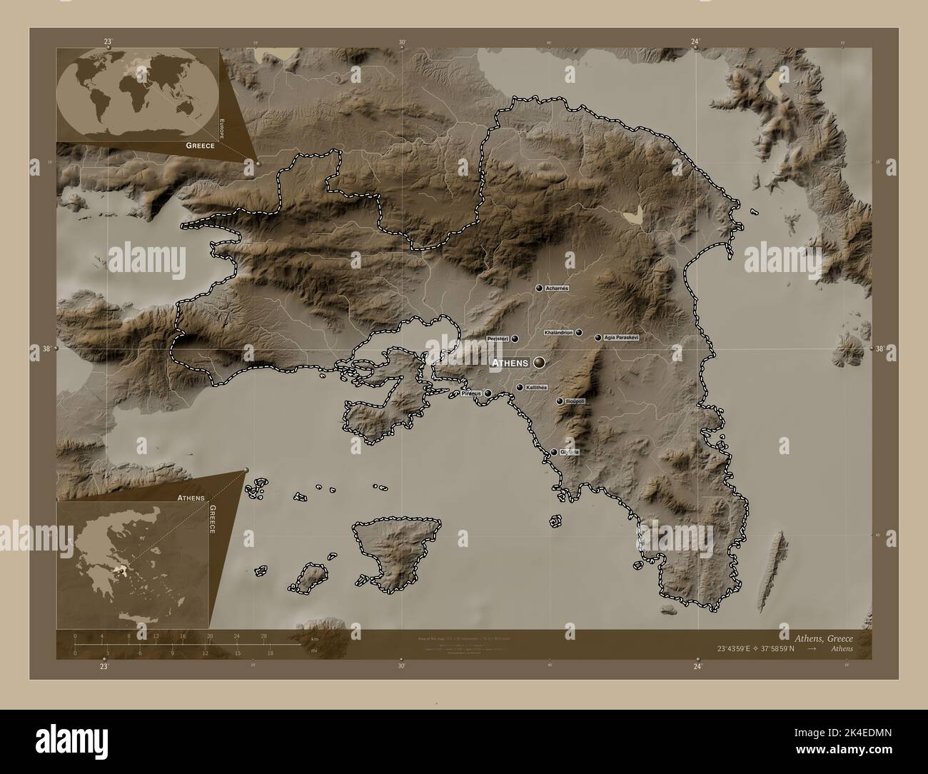 Athens, decentralized administration of Greece. Elevation map colored ...