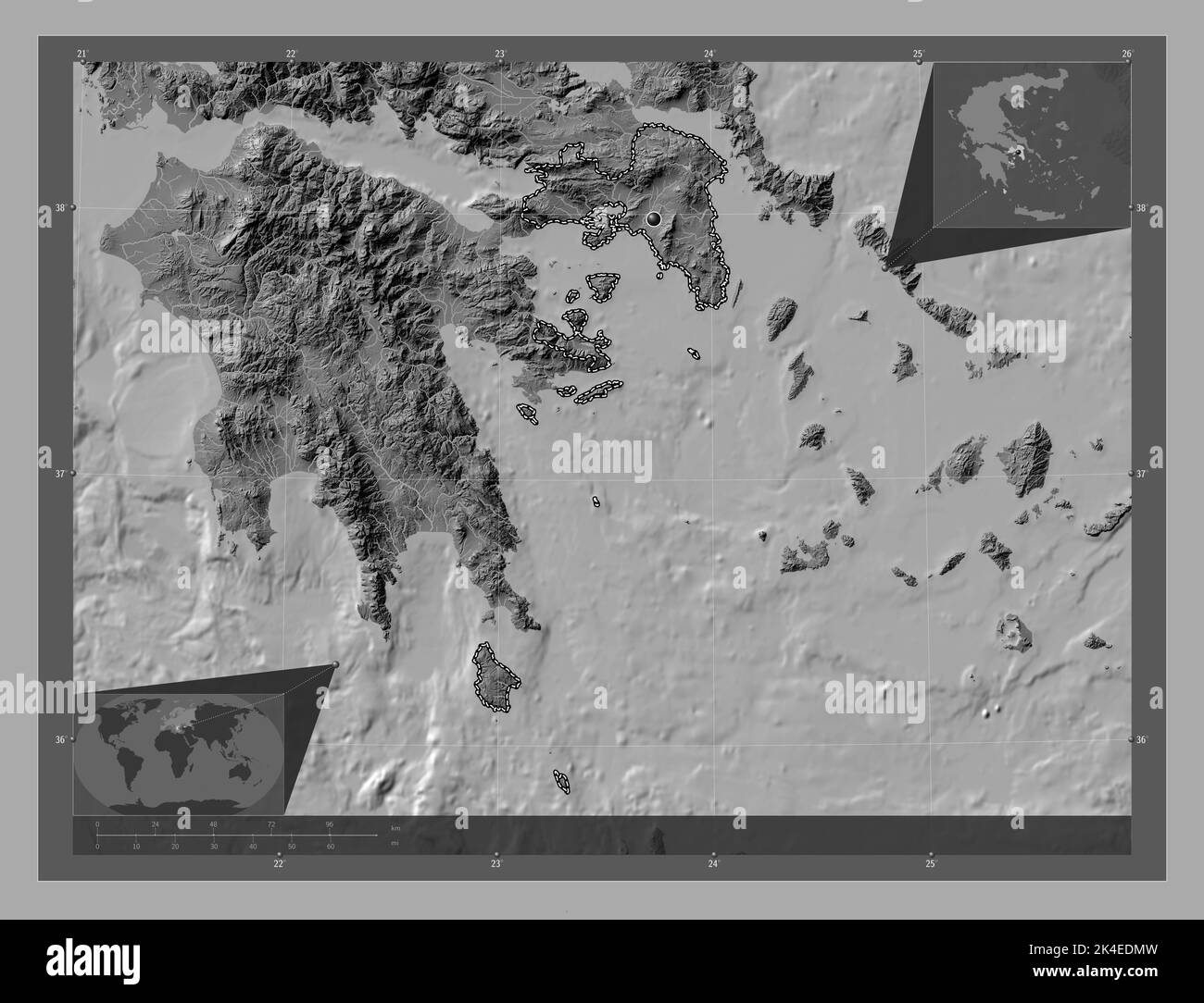 Attica, decentralized administration of Greece. Bilevel elevation map ...