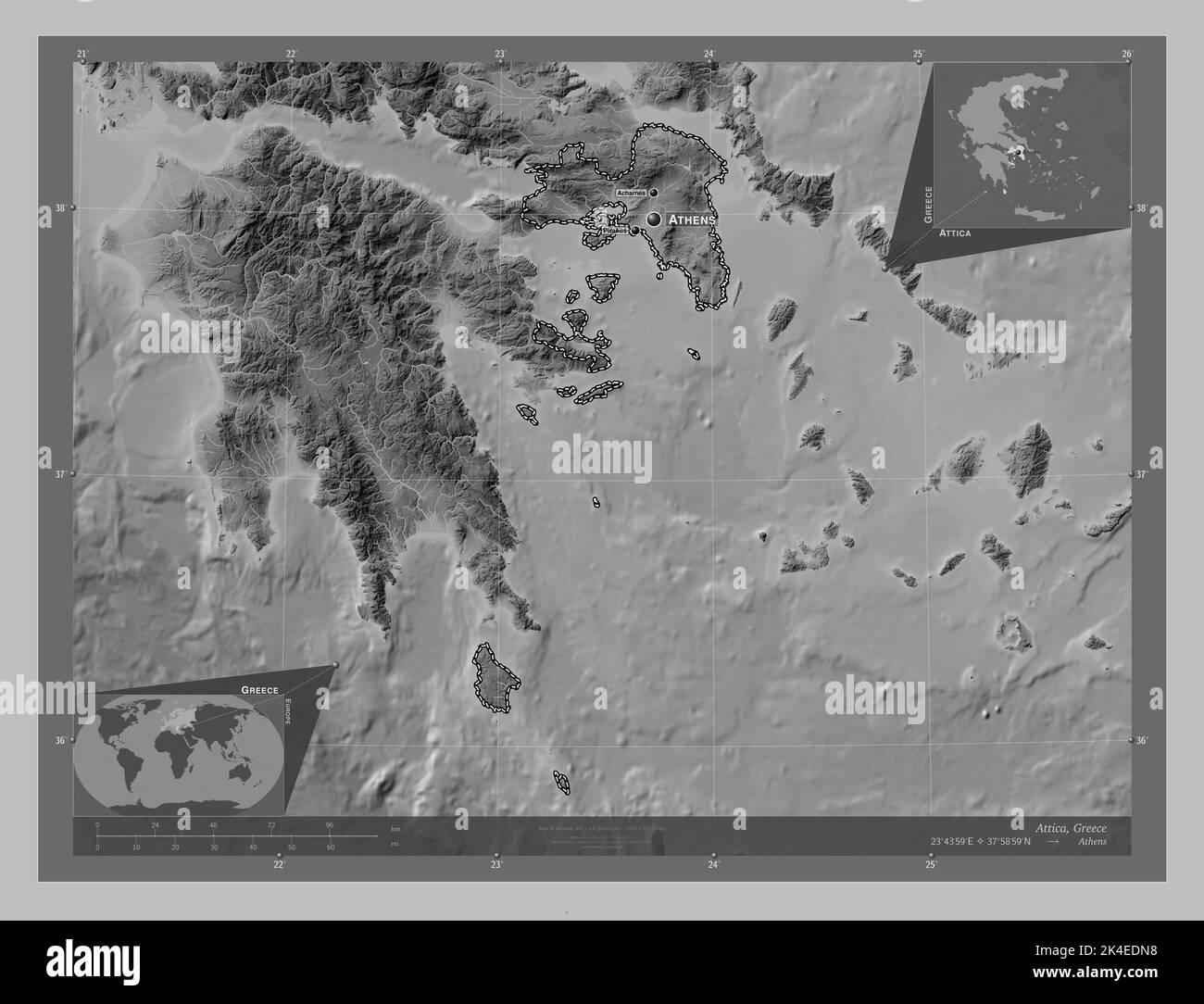 Attica, decentralized administration of Greece. Grayscale elevation map ...