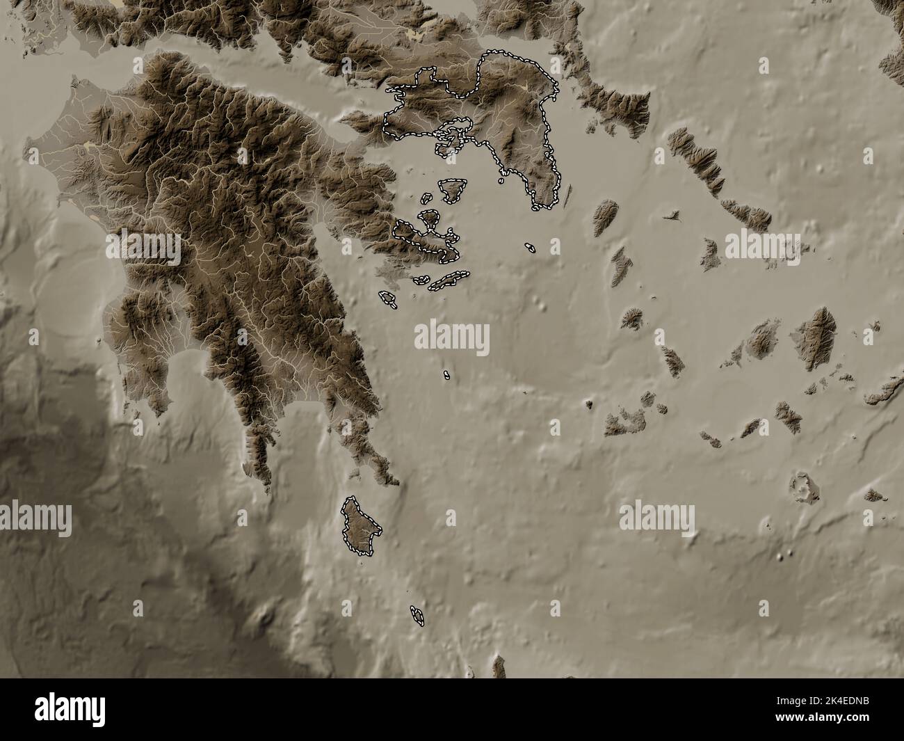Attica, decentralized administration of Greece. Elevation map colored in sepia tones with lakes ...