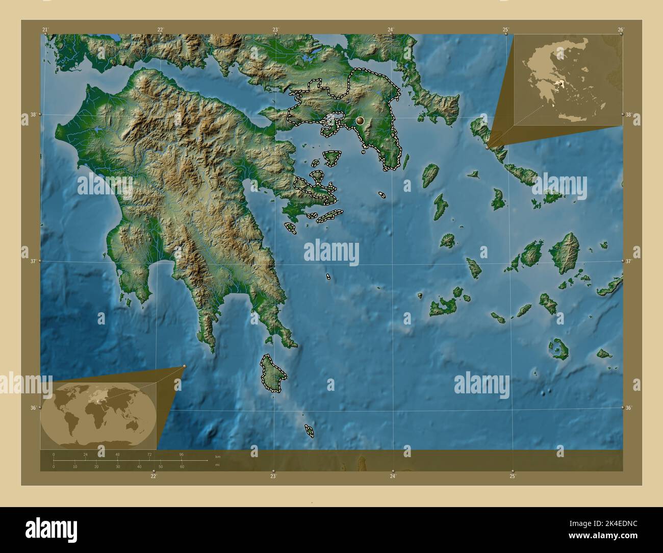 Attica, decentralized administration of Greece. Colored elevation map ...