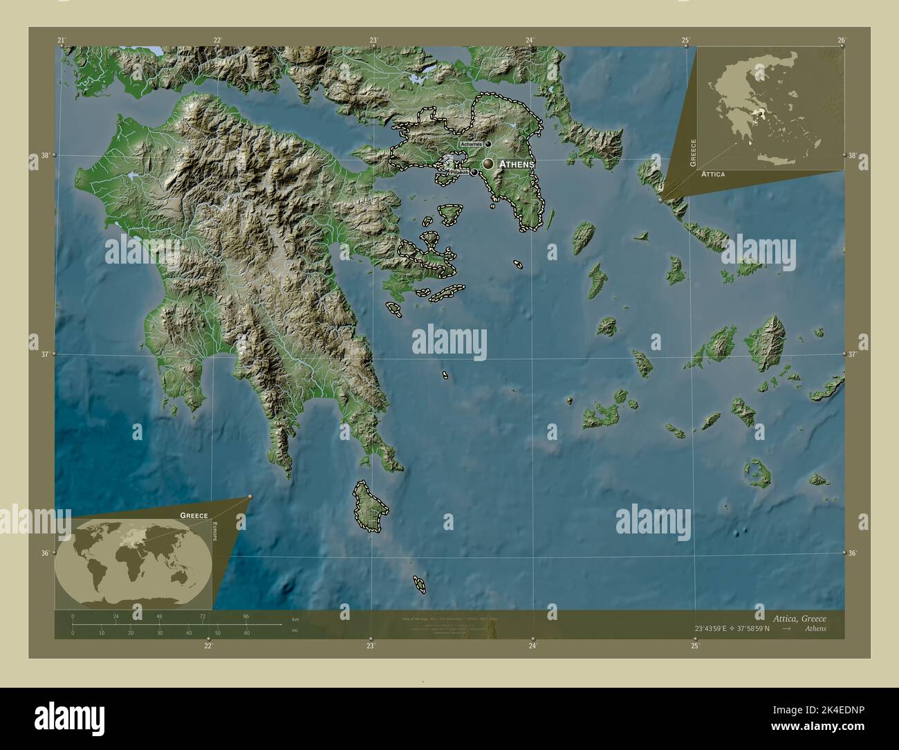 Attica, decentralized administration of Greece. Elevation map colored ...