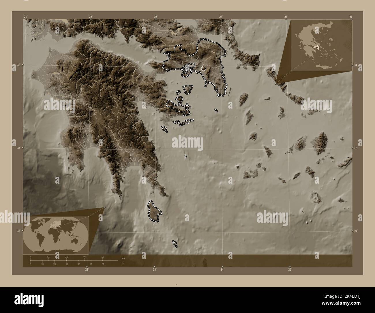 Attica, decentralized administration of Greece. Elevation map colored in sepia tones with lakes ...