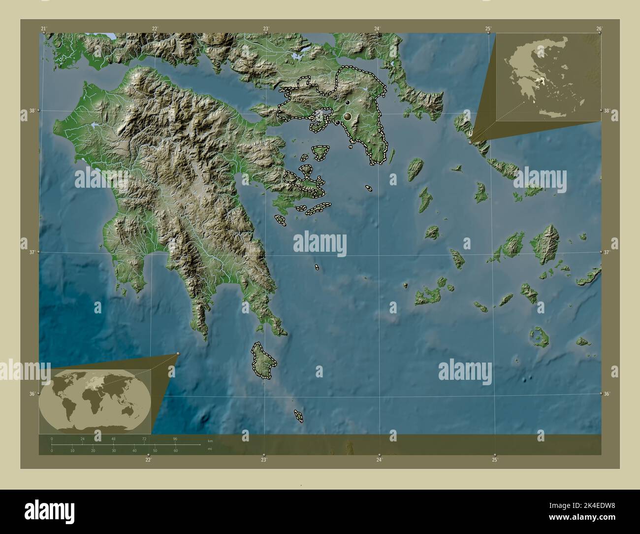 Attica, decentralized administration of Greece. Elevation map colored in wiki style with lakes ...
