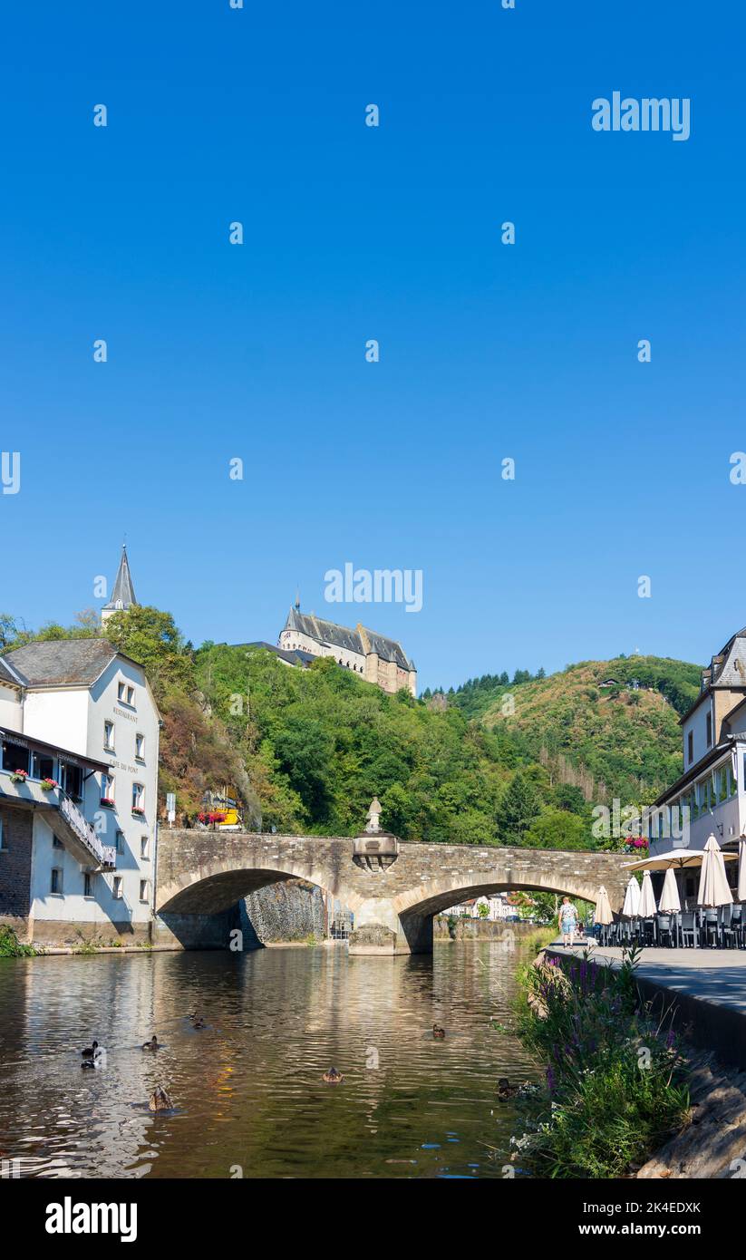 Vianden (Veianen): river Our, Vianden Castle, old town in , Luxembourg ...