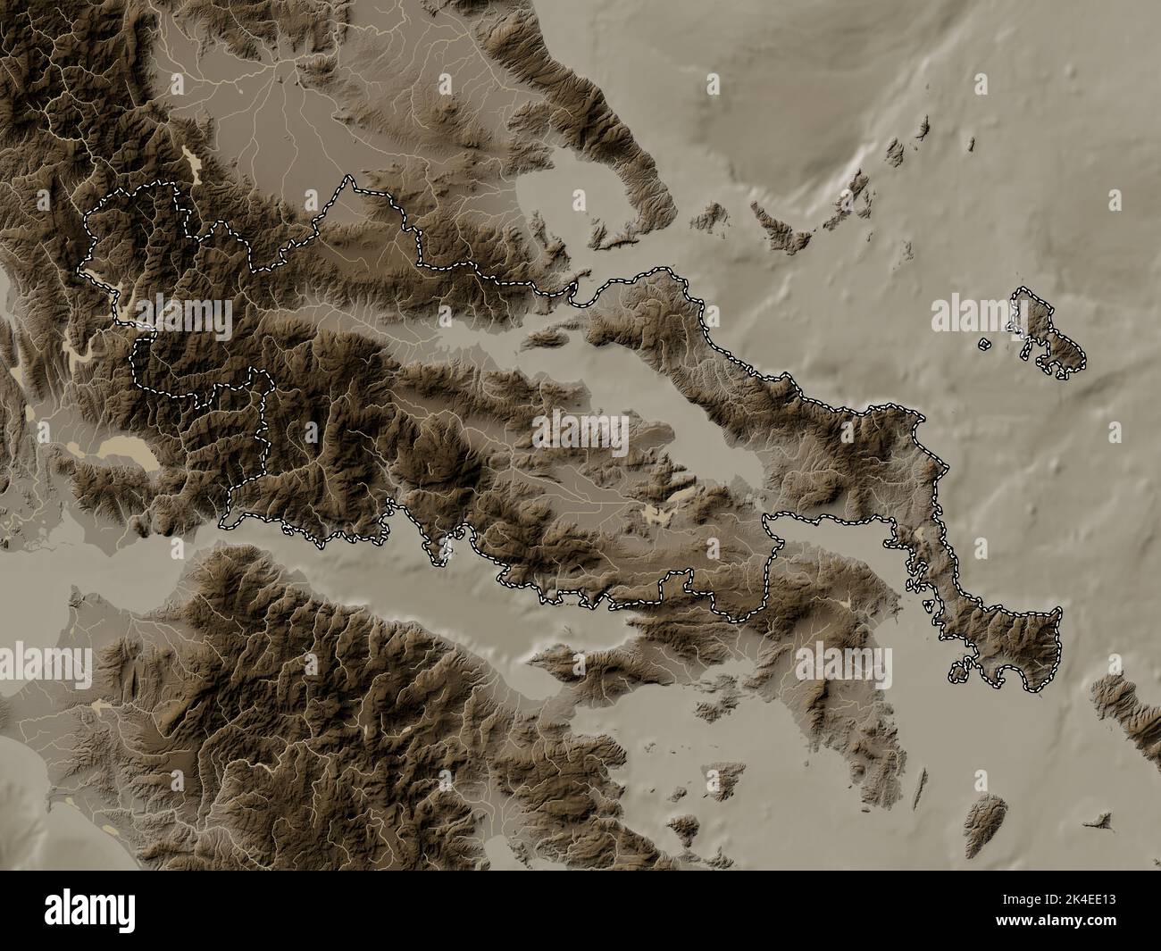 Central Greece, decentralized administration of Greece. Elevation map colored in sepia tones ...