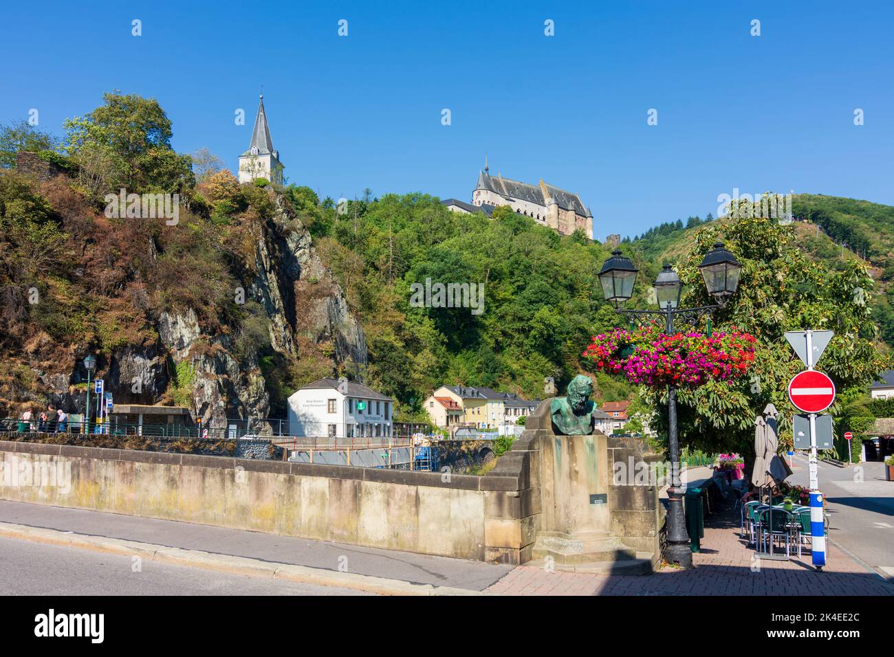Vianden (Veianen): river Our, Bust of Victor Hugo, Vianden Castle in ...
