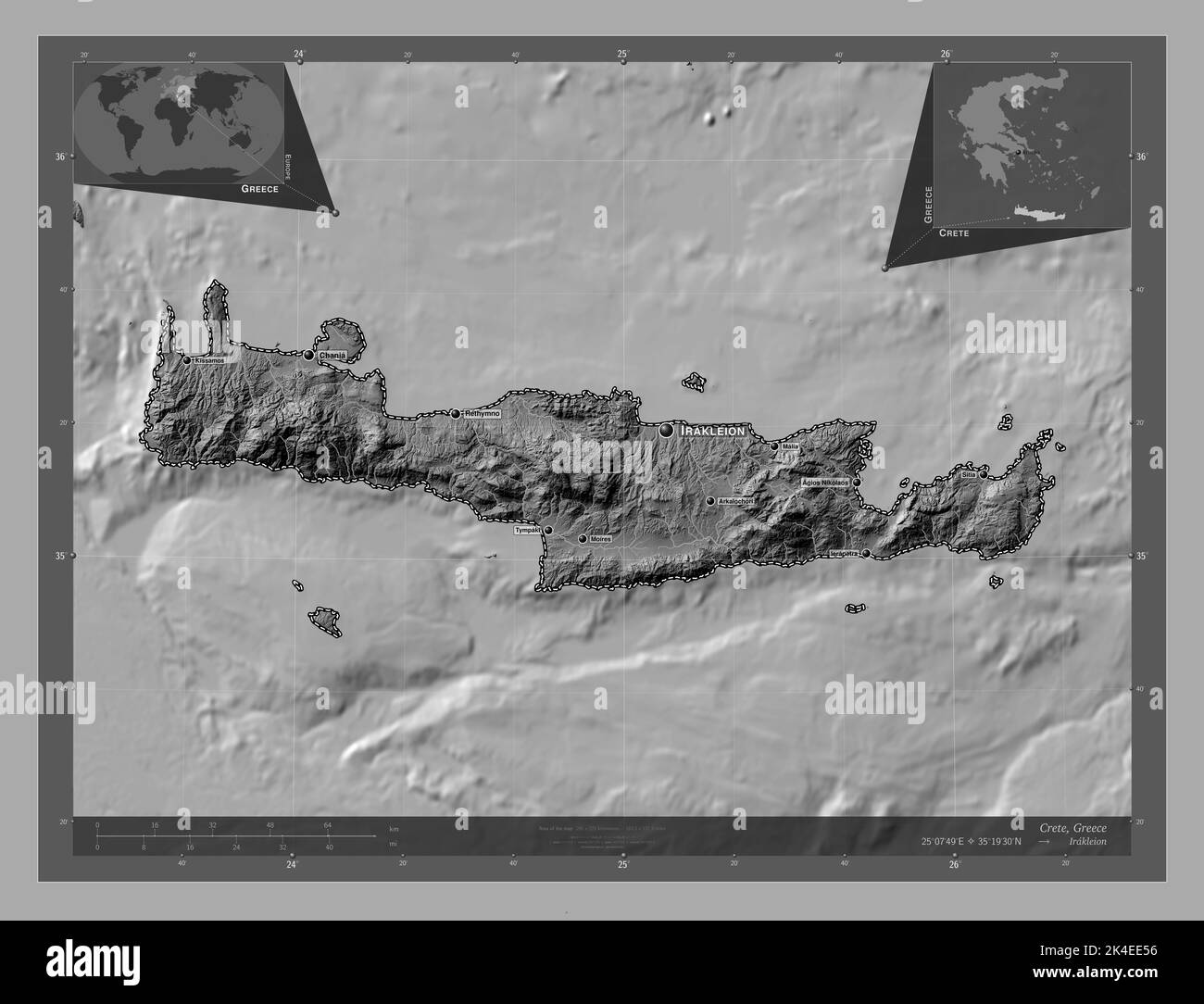 Crete, decentralized administration of Greece. Bilevel elevation map ...