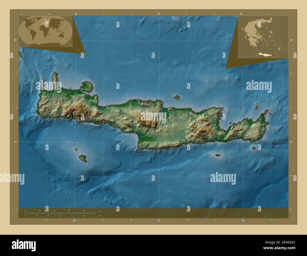 Crete, decentralized administration of Greece. Colored elevation map ...