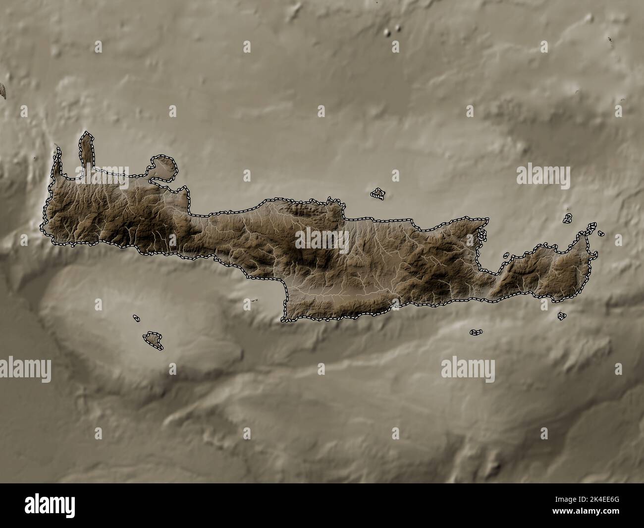 Crete, decentralized administration of Greece. Elevation map colored in sepia tones with lakes ...