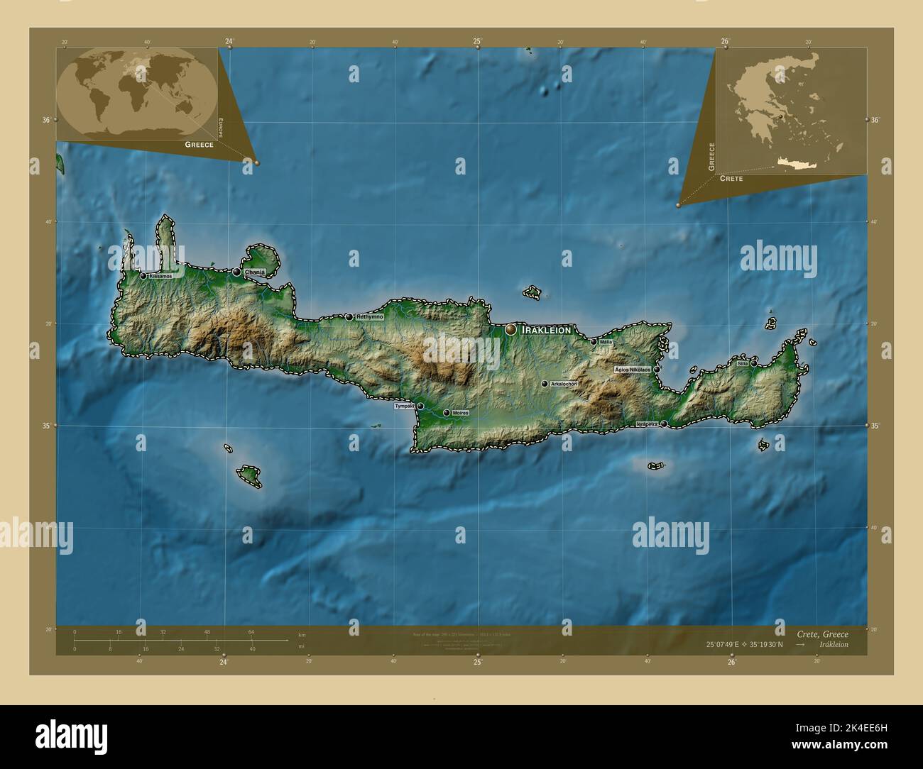 Crete, decentralized administration of Greece. Colored elevation map ...