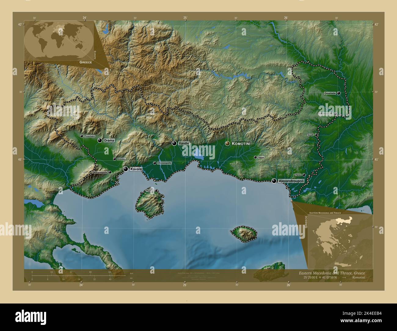 Eastern Macedonia and Thrace, decentralized administration of Greece. Colored elevation map with ...