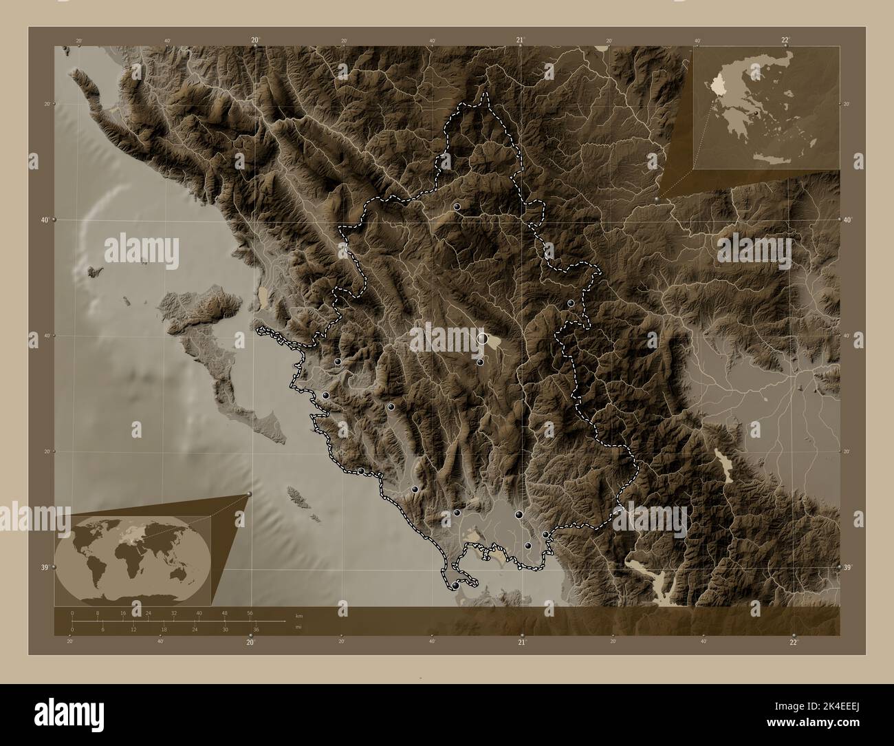 Epirus, decentralized administration of Greece. Elevation map colored ...