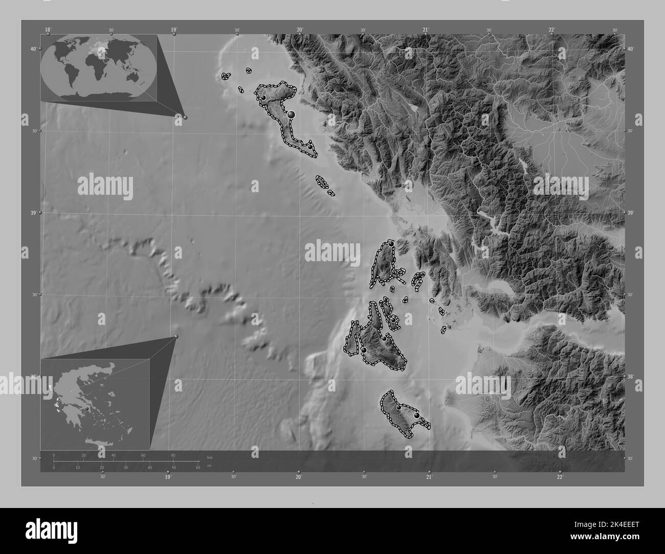 Ionian Islands, decentralized administration of Greece. Grayscale ...