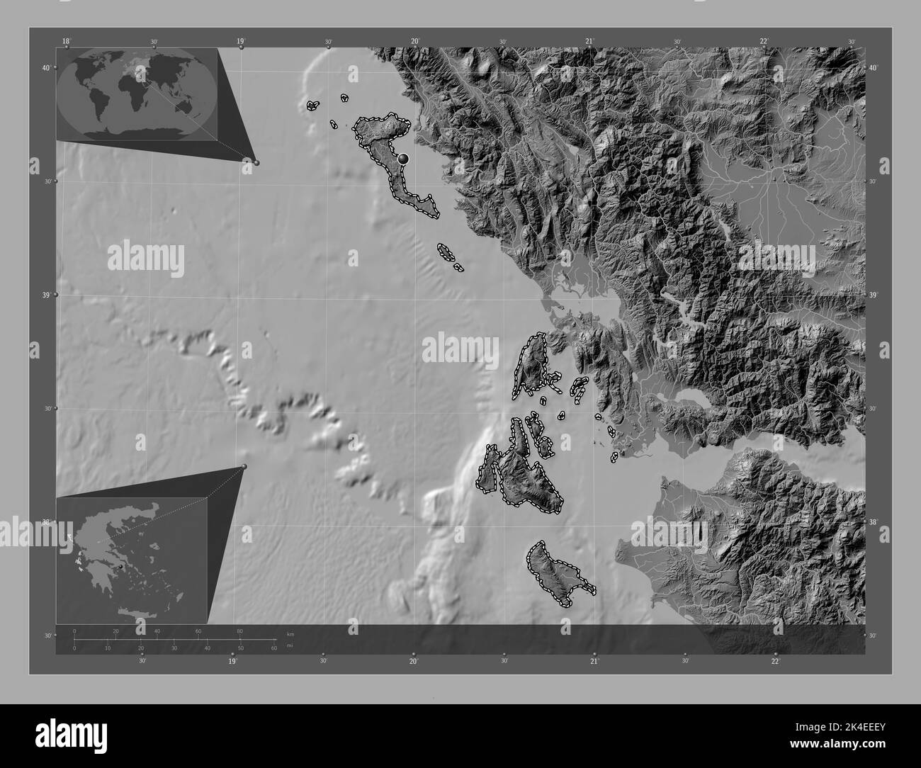 Ionian Islands, decentralized administration of Greece. Bilevel elevation map with lakes and ...