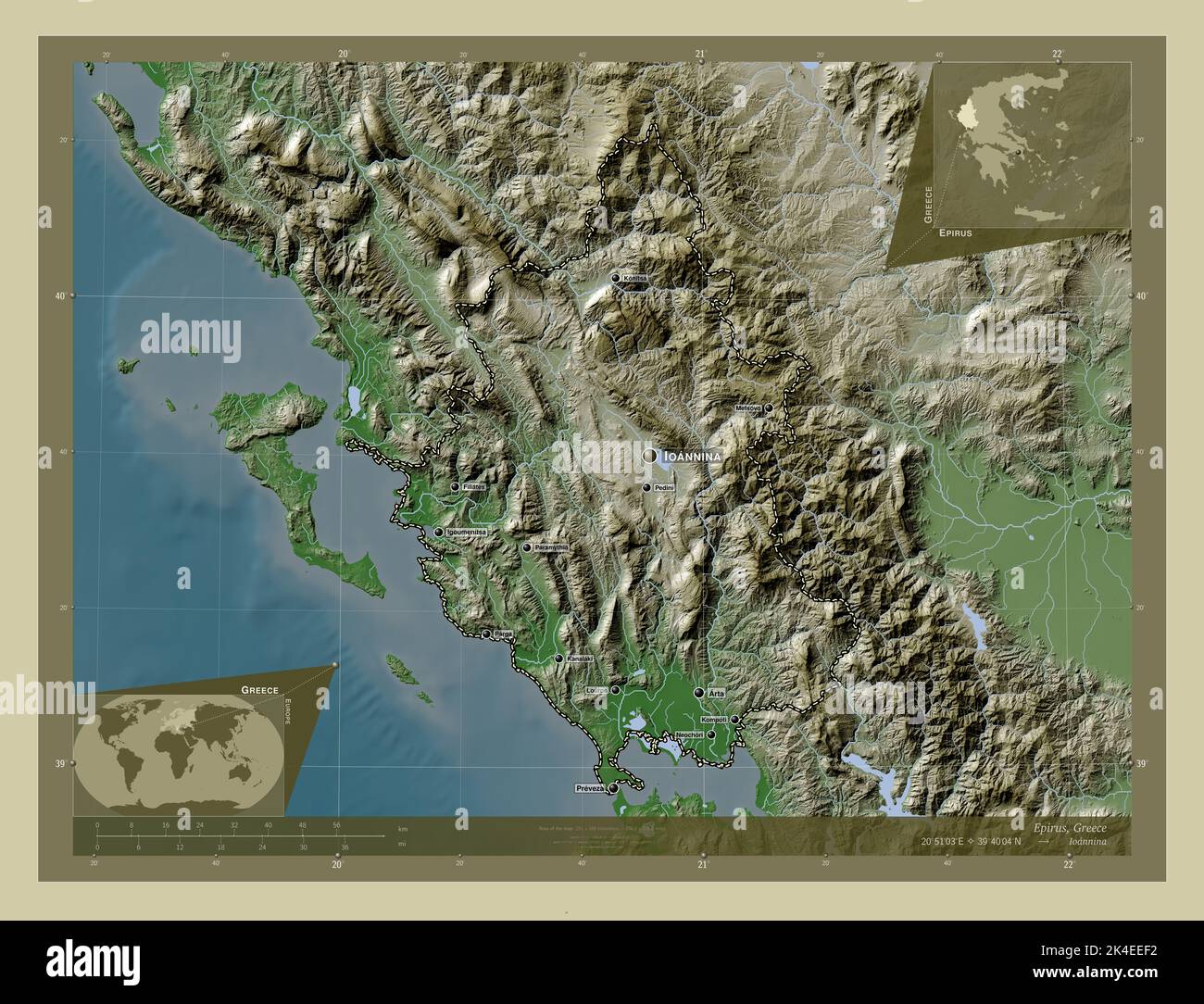 Epirus, decentralized administration of Greece. Elevation map colored ...