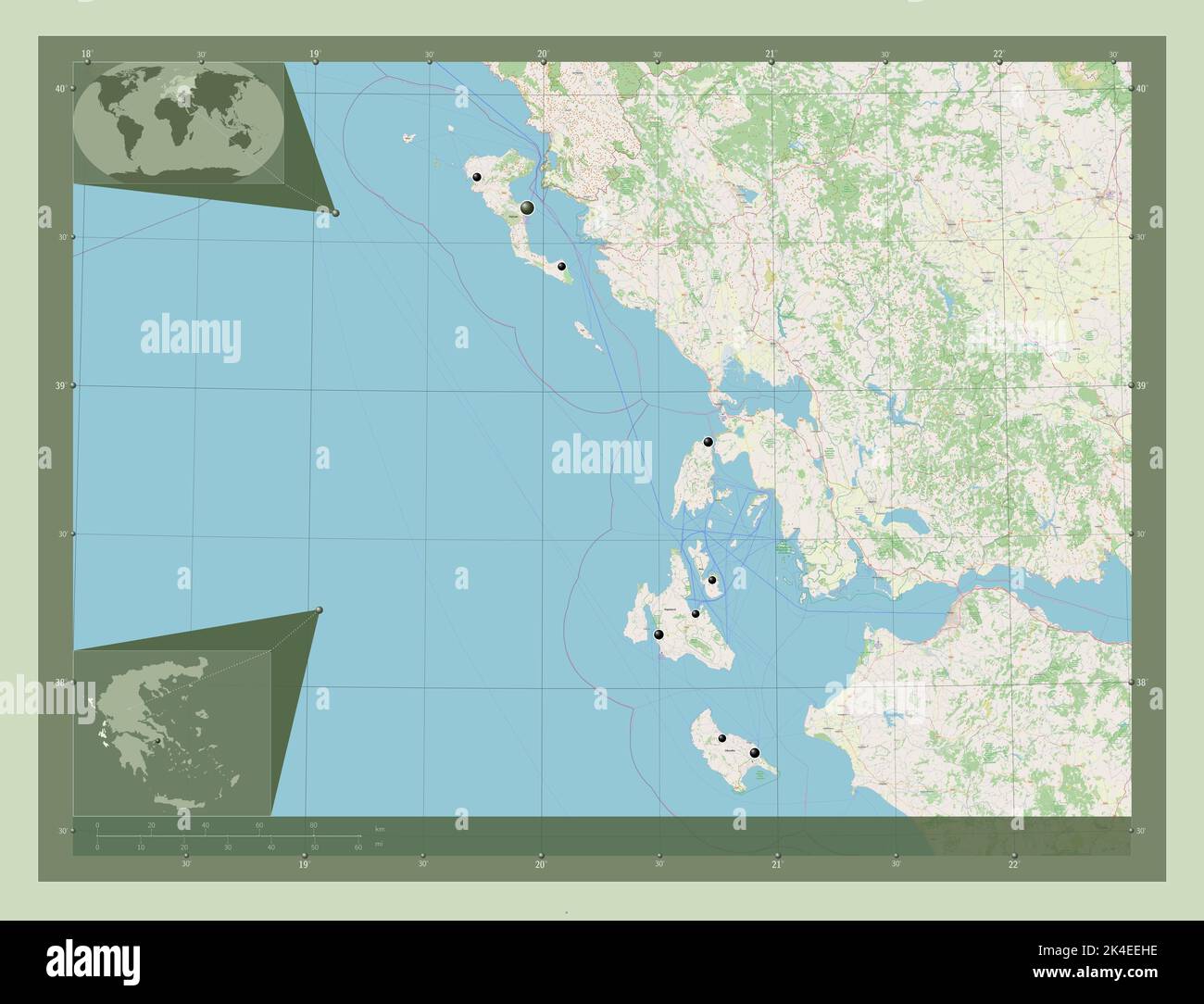 Ionian Islands, decentralized administration of Greece. Open Street Map ...