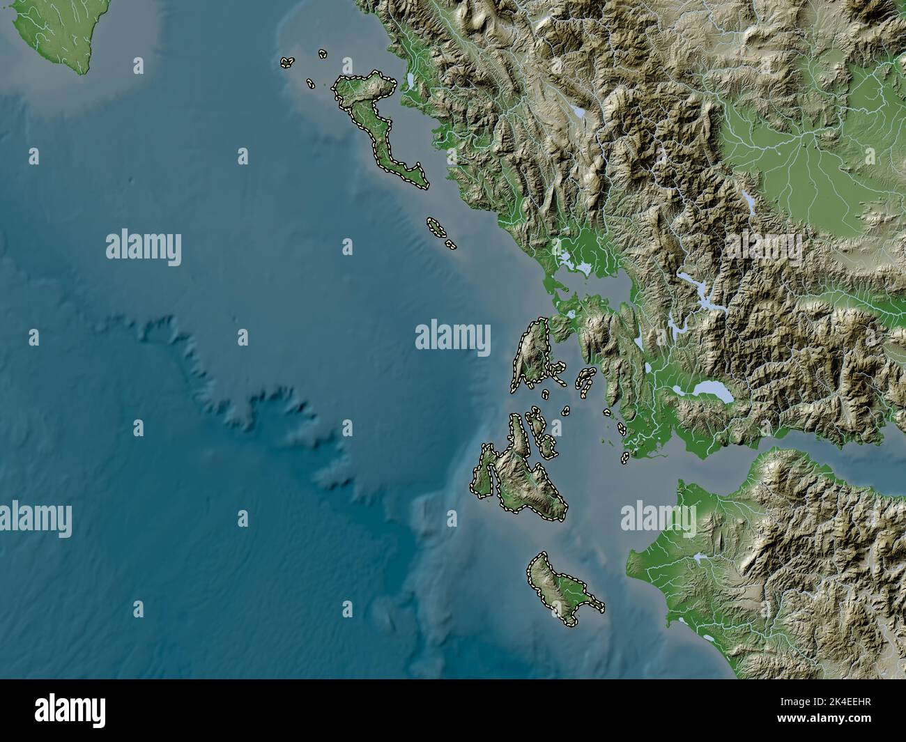 Ionian Islands, decentralized administration of Greece. Elevation map colored in wiki style with ...
