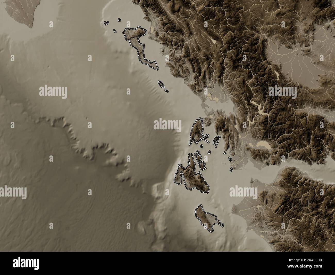 Ionian Islands, decentralized administration of Greece. Elevation map colored in sepia tones ...