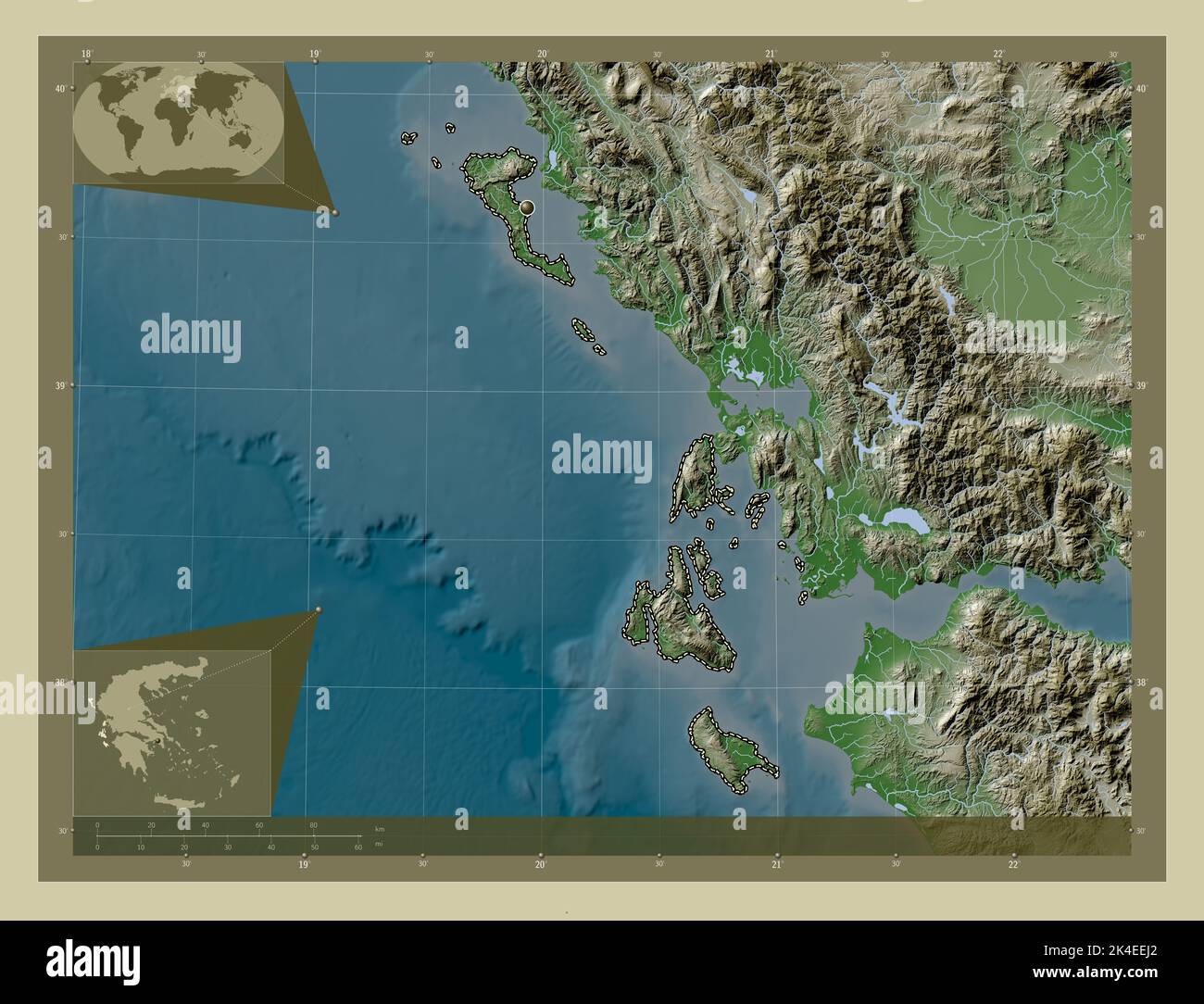Ionian Islands, decentralized administration of Greece. Elevation map colored in wiki style with ...