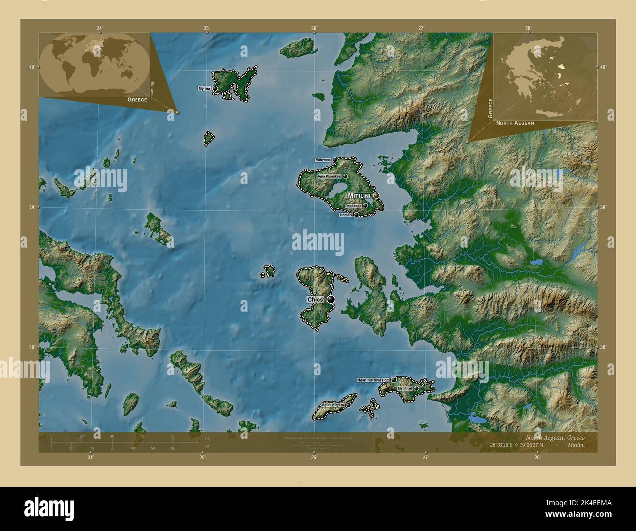 North Aegean, decentralized administration of Greece. Colored elevation ...