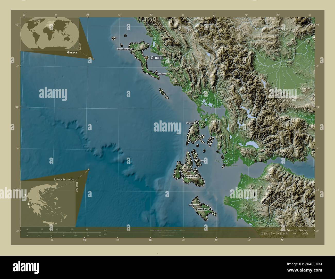 Ionian Islands, decentralized administration of Greece. Elevation map ...