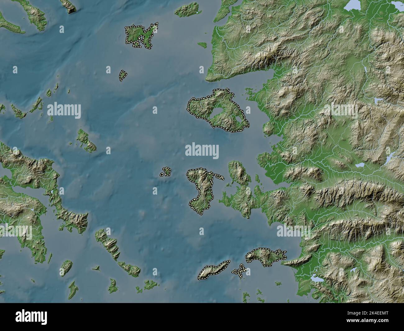 North Aegean, decentralized administration of Greece. Elevation map colored in wiki style with ...