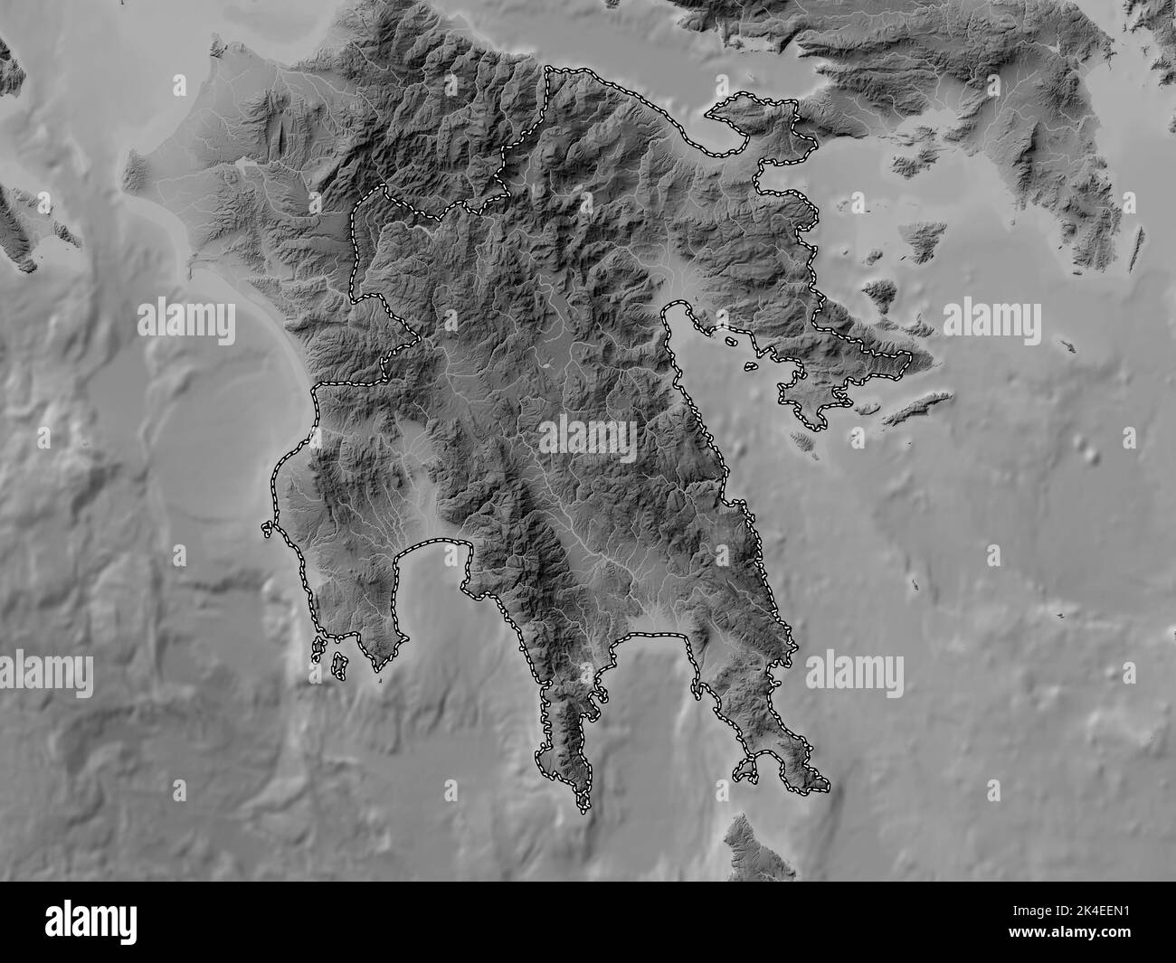 Peloponnese, decentralized administration of Greece. Grayscale elevation map with lakes and ...
