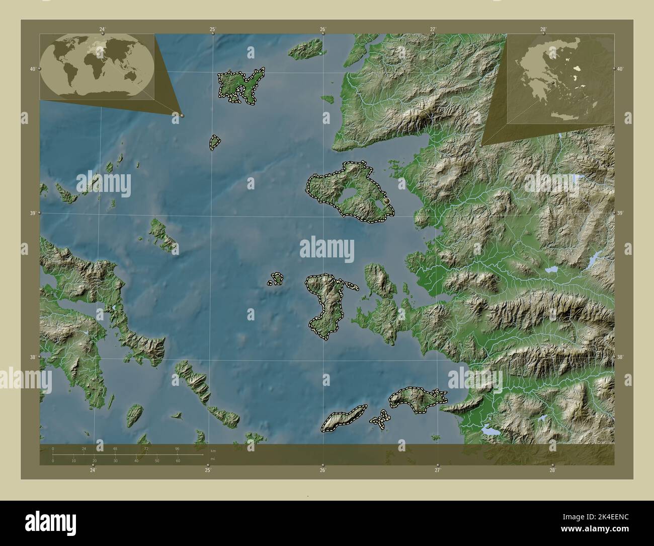 North Aegean, decentralized administration of Greece. Elevation map colored in wiki style with ...