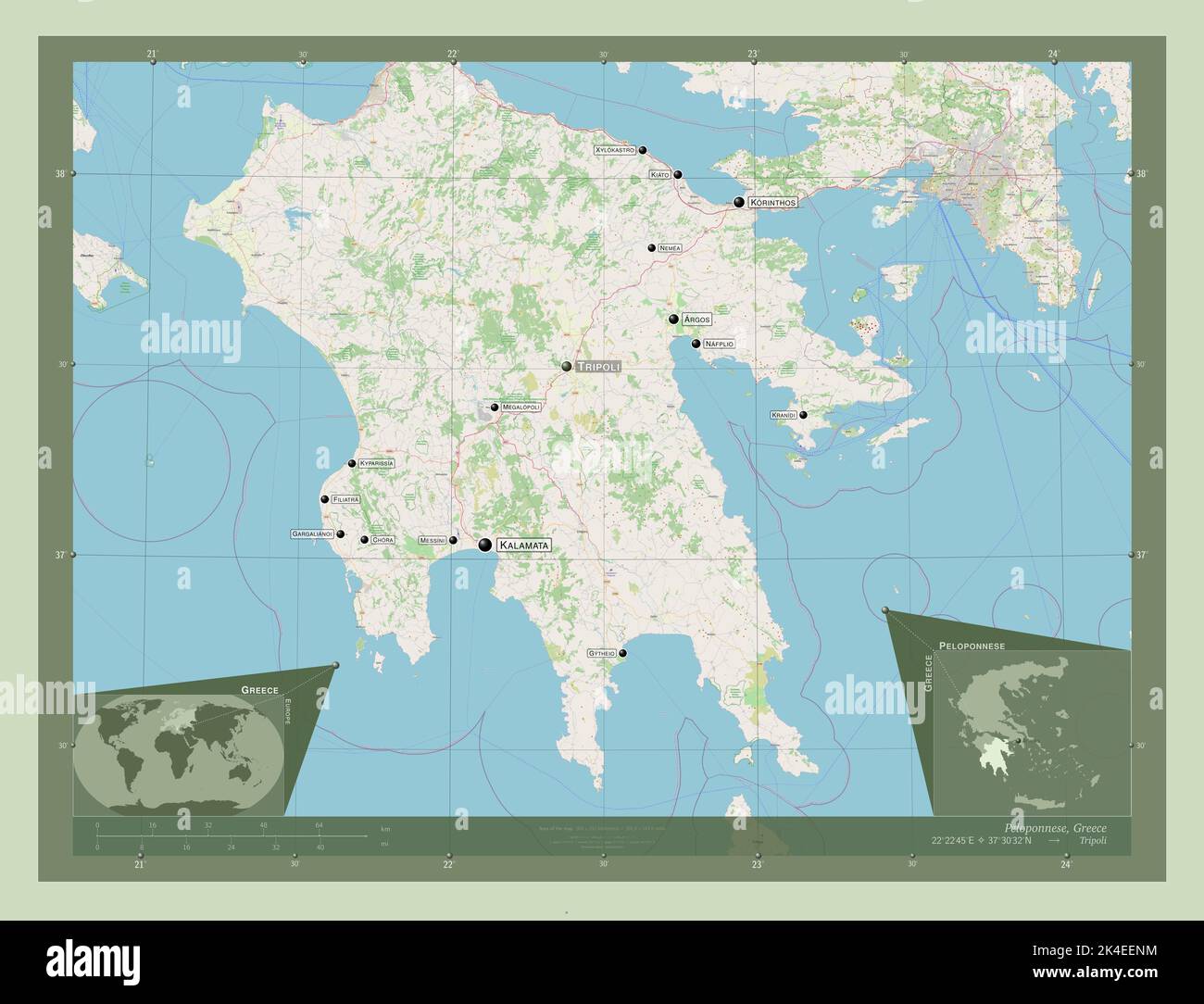 Peloponnese, decentralized administration of Greece. Open Street Map ...