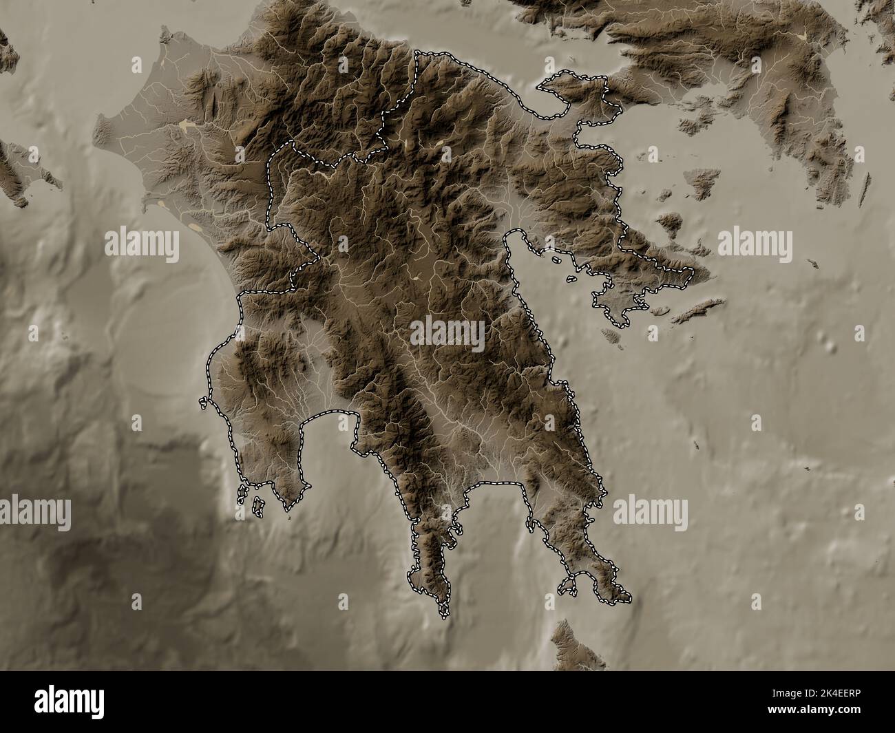 Peloponnese, decentralized administration of Greece. Elevation map colored in sepia tones with ...