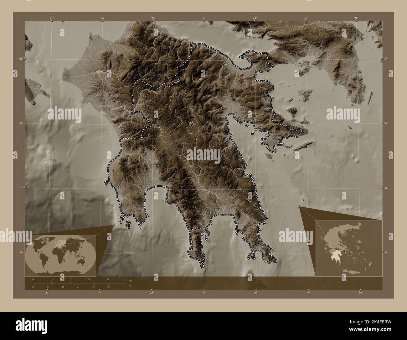 Peloponnese, decentralized administration of Greece. Elevation map colored in sepia tones with ...