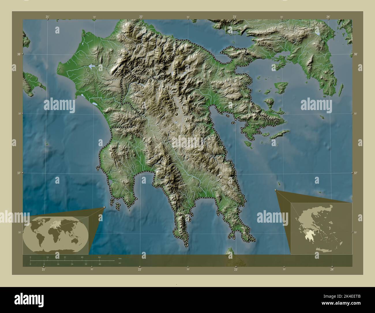Peloponnese, decentralized administration of Greece. Elevation map colored in wiki style with ...