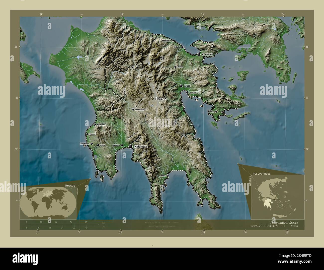 Peloponnese, decentralized administration of Greece. Elevation map ...