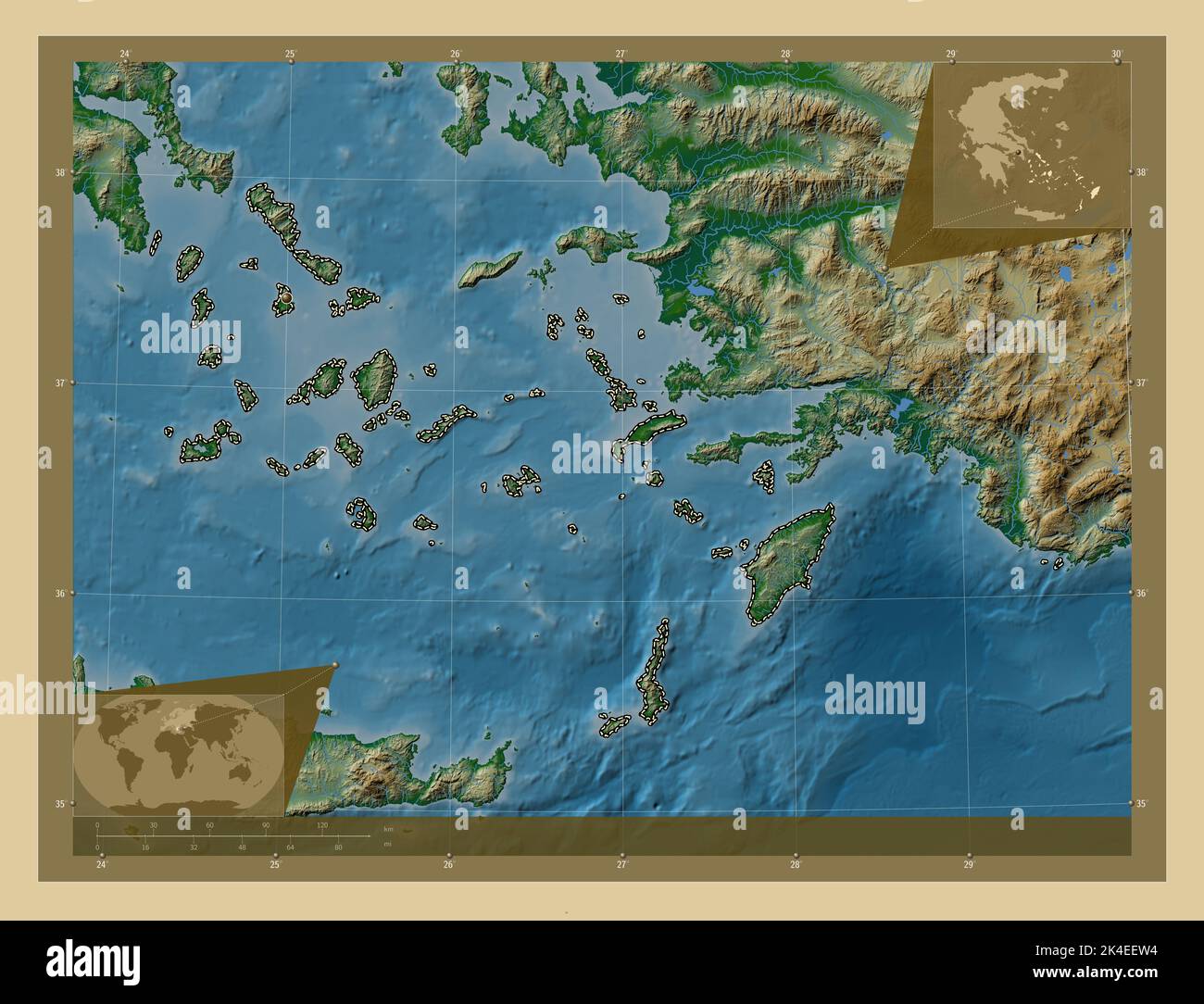 South Aegean, decentralized administration of Greece. Colored elevation map with lakes and ...