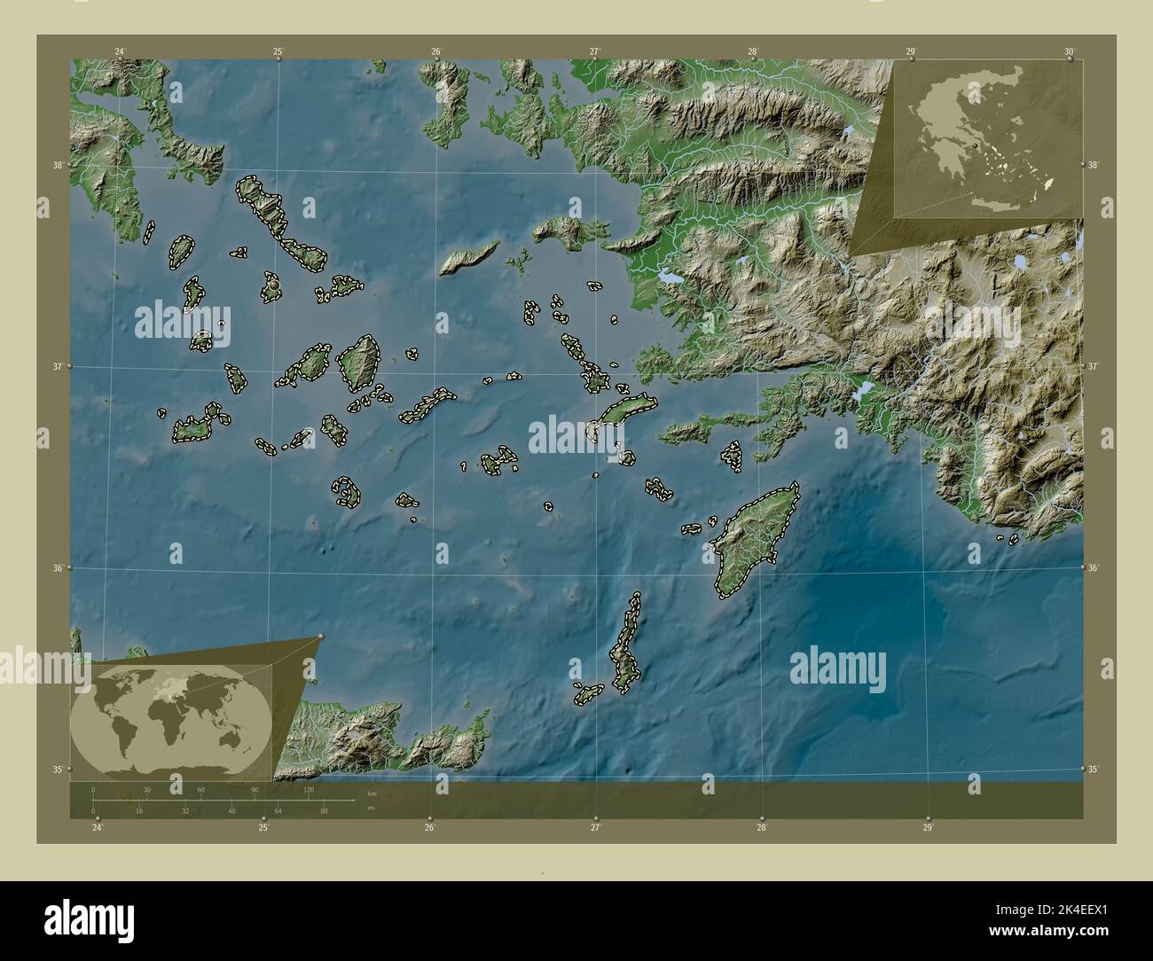 South Aegean, decentralized administration of Greece. Elevation map colored in wiki style with ...