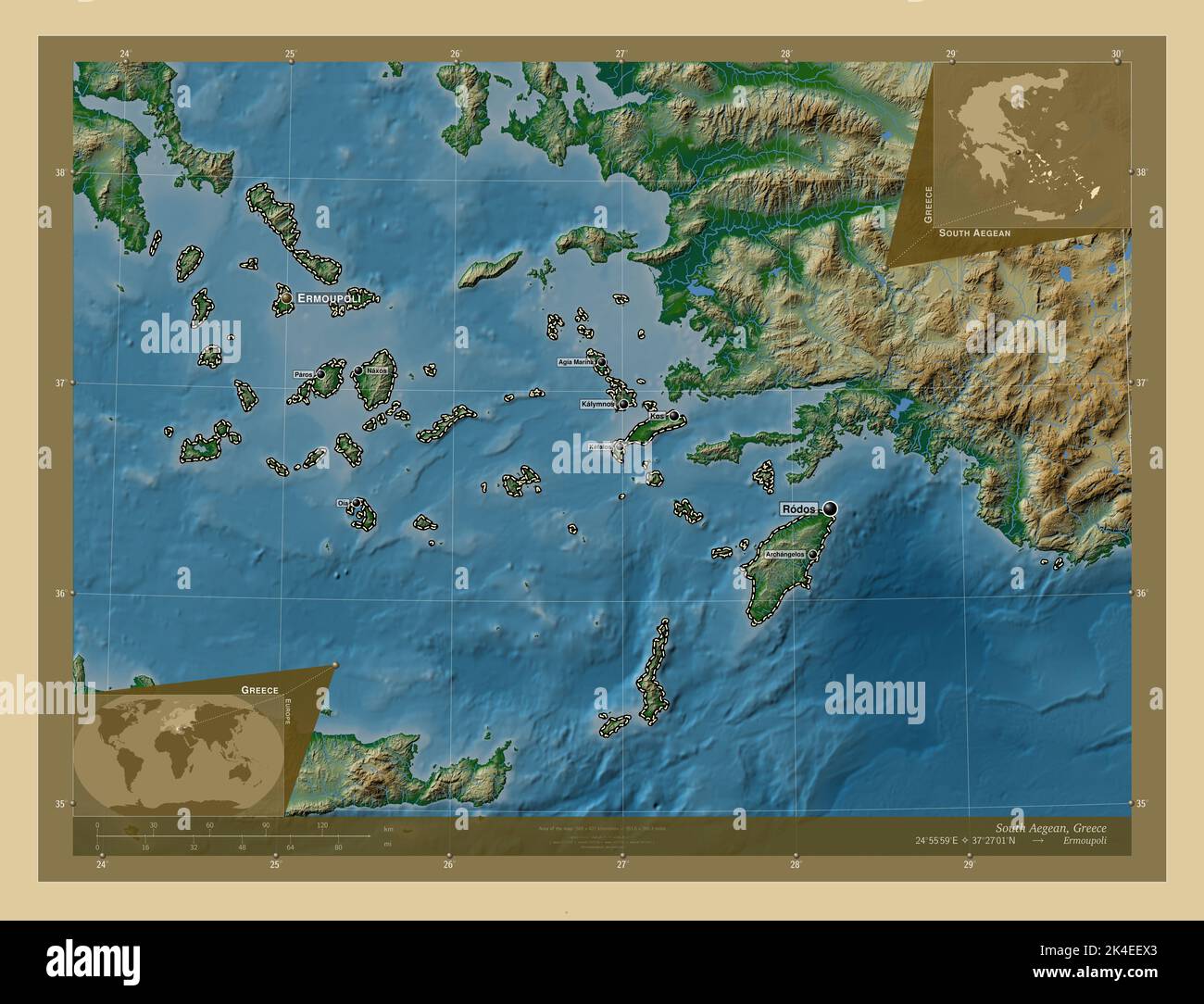 South Aegean, decentralized administration of Greece. Colored elevation ...