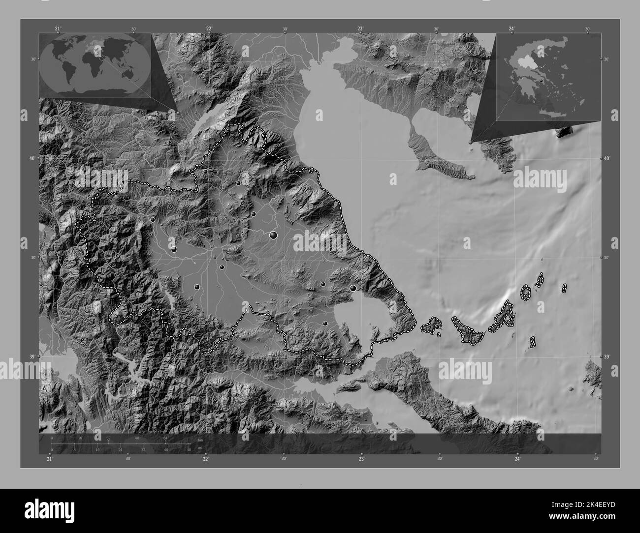Thessaly, decentralized administration of Greece. Bilevel elevation map ...