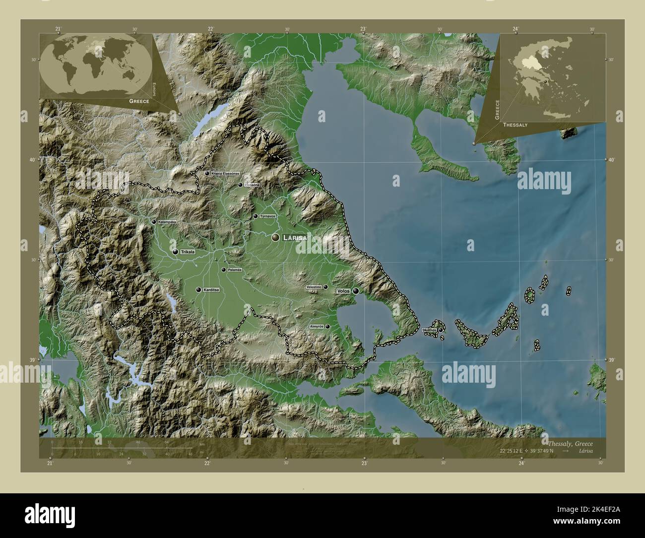 Thessaly, decentralized administration of Greece. Elevation map colored ...