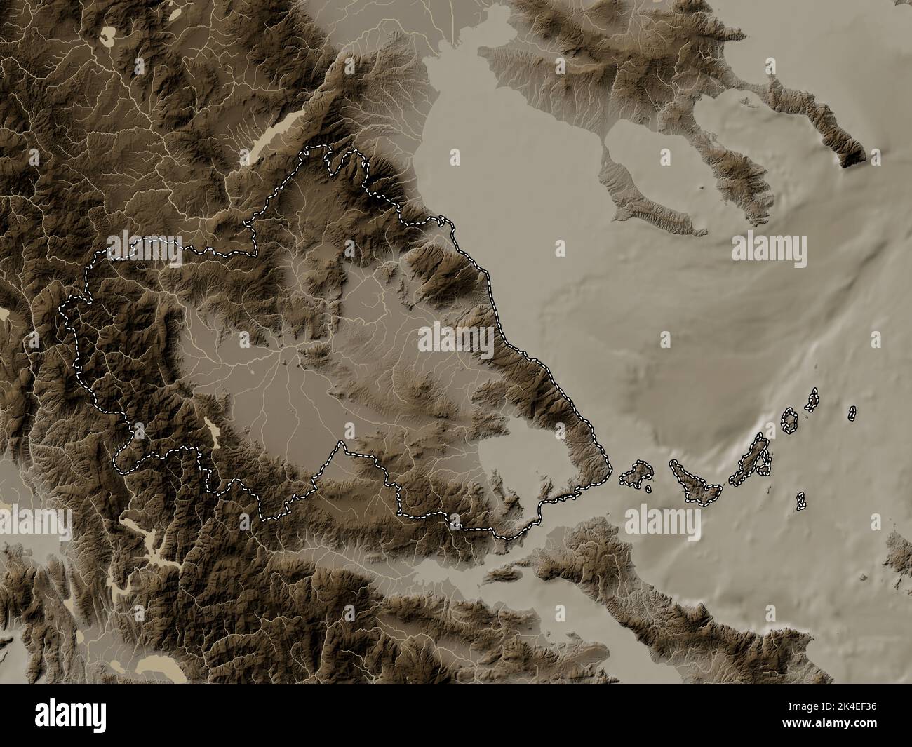 Thessaly, decentralized administration of Greece. Elevation map colored in sepia tones with ...
