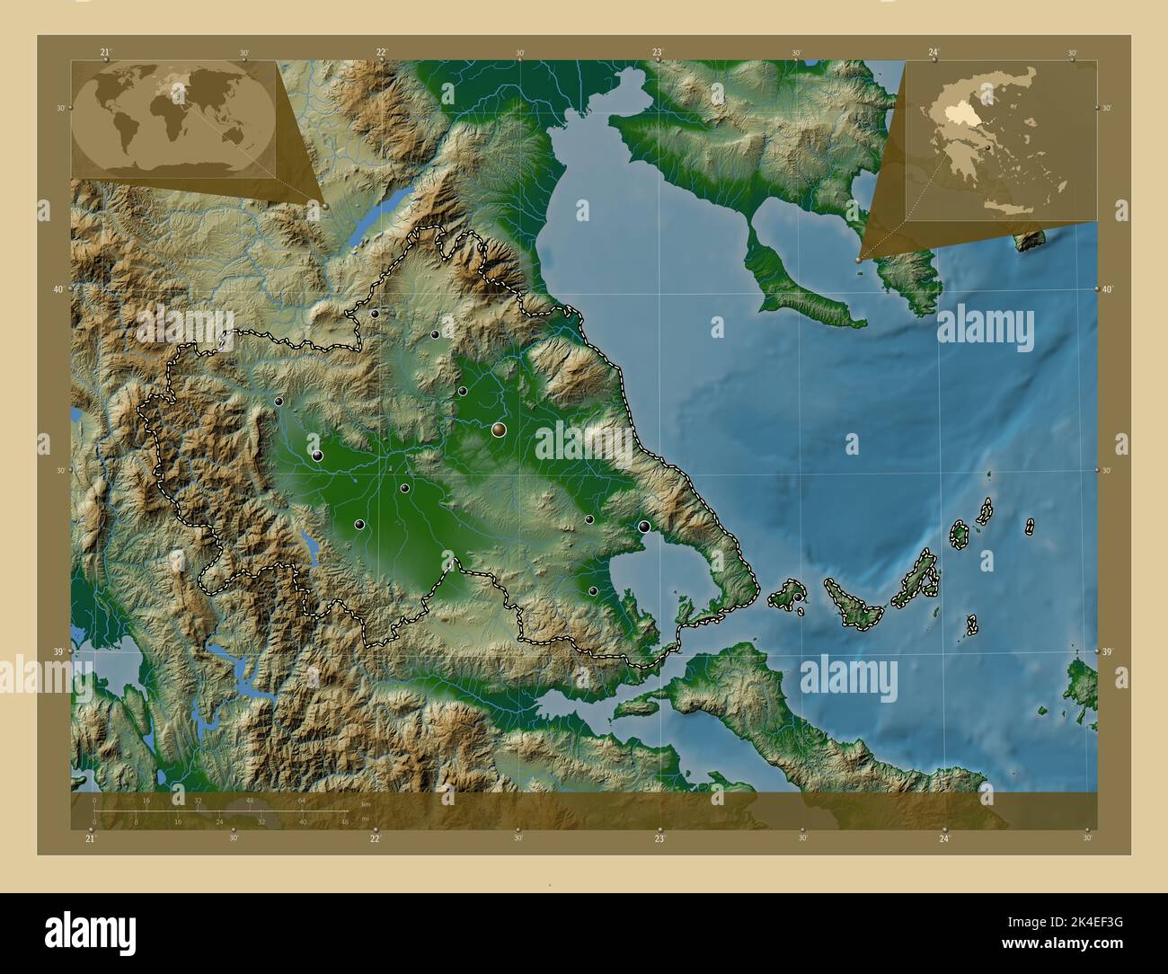 Thessaly, decentralized administration of Greece. Colored elevation map ...
