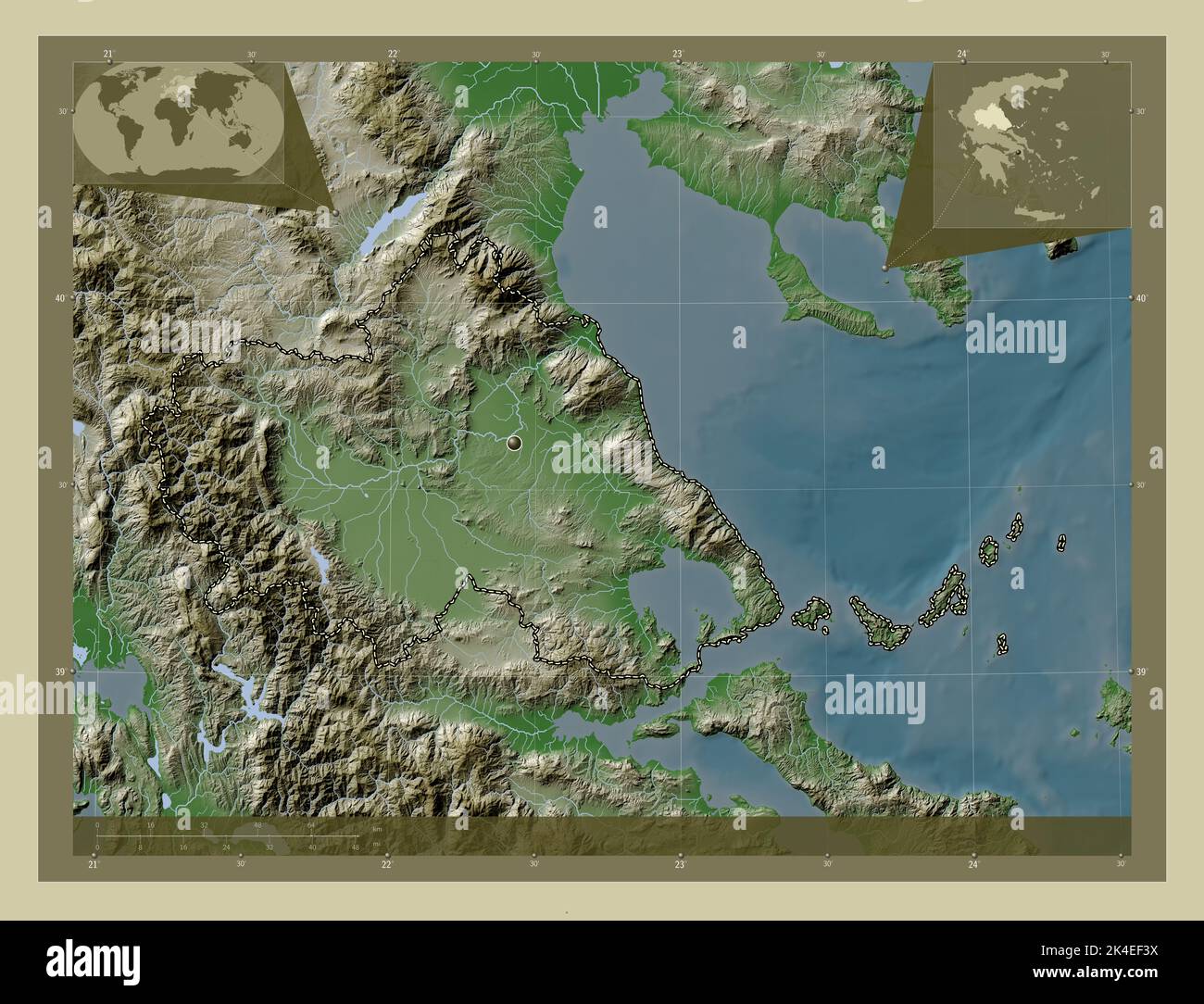 Thessaly, decentralized administration of Greece. Elevation map colored ...