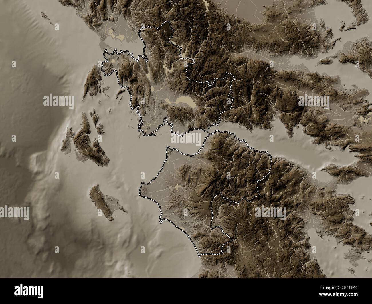 Western Greece, decentralized administration of Greece. Elevation map colored in sepia tones ...