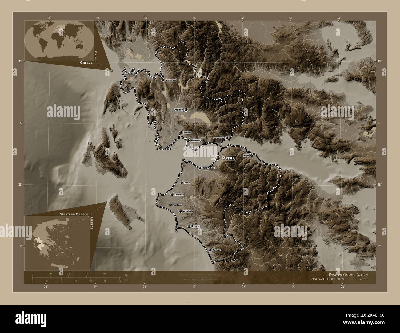 Western Greece, decentralized administration of Greece. Elevation map ...